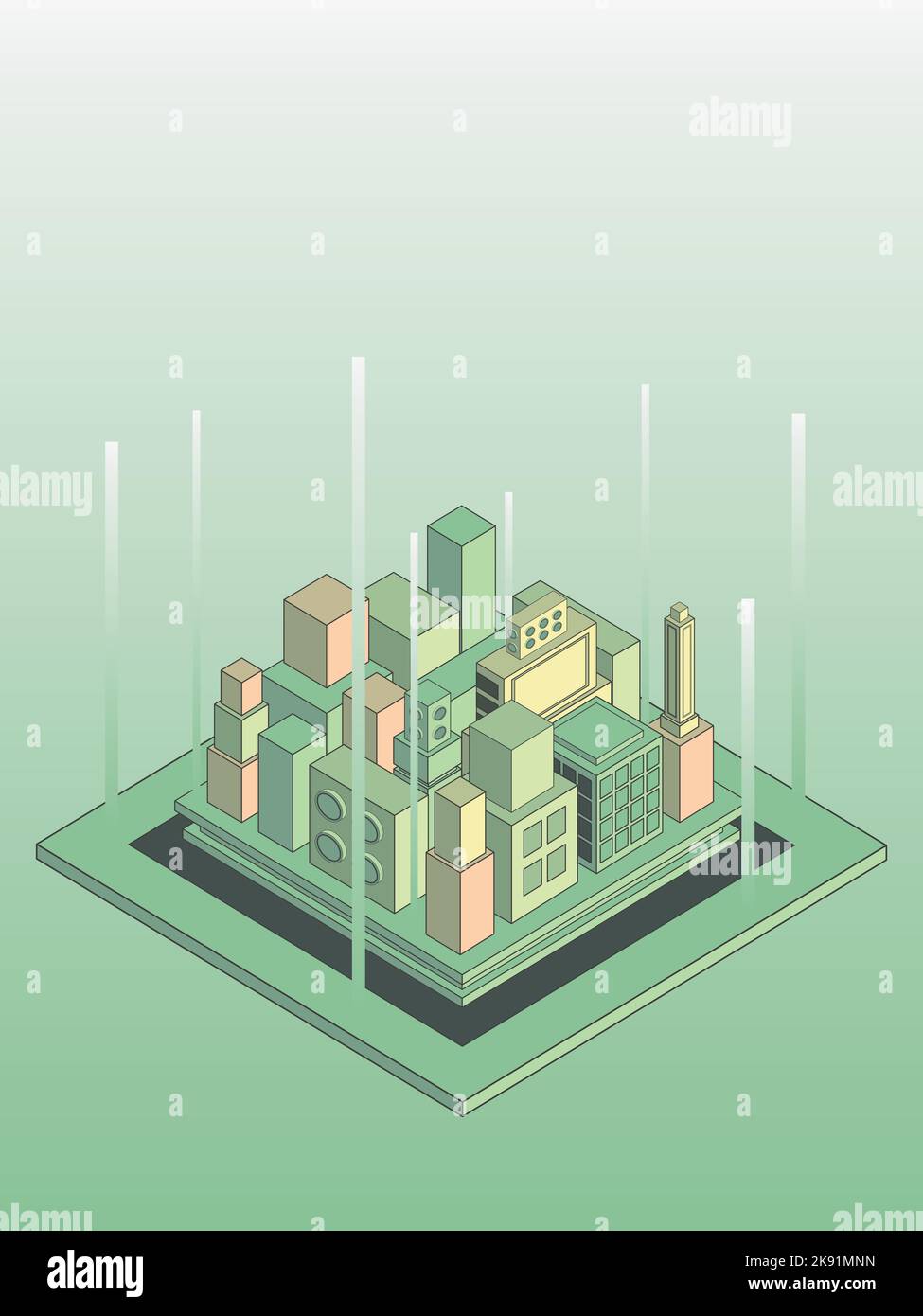 A vertical artwork of buildings on a square section platform Stock ...