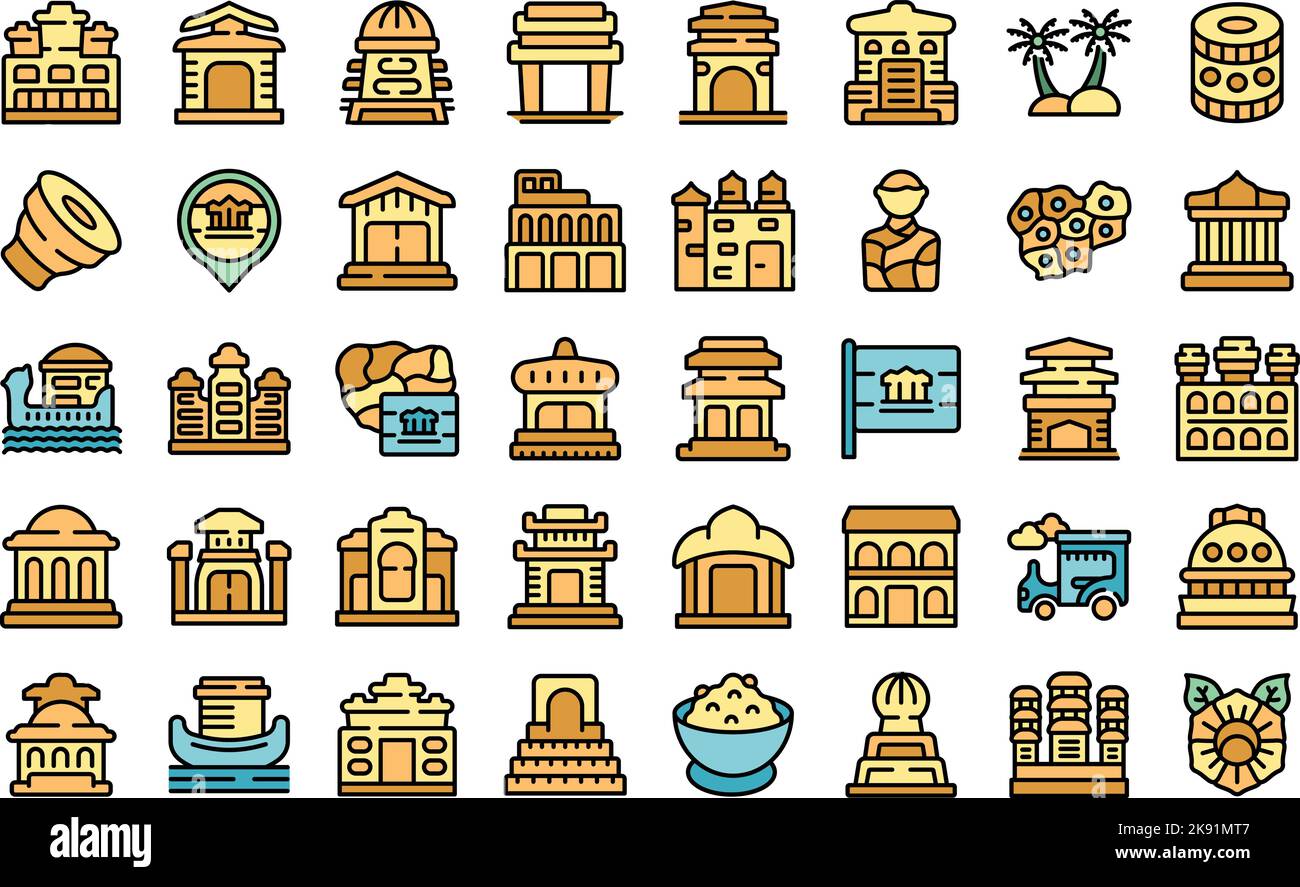 Cambodia icons set outline vector. Asia architecture. Costume map color ...