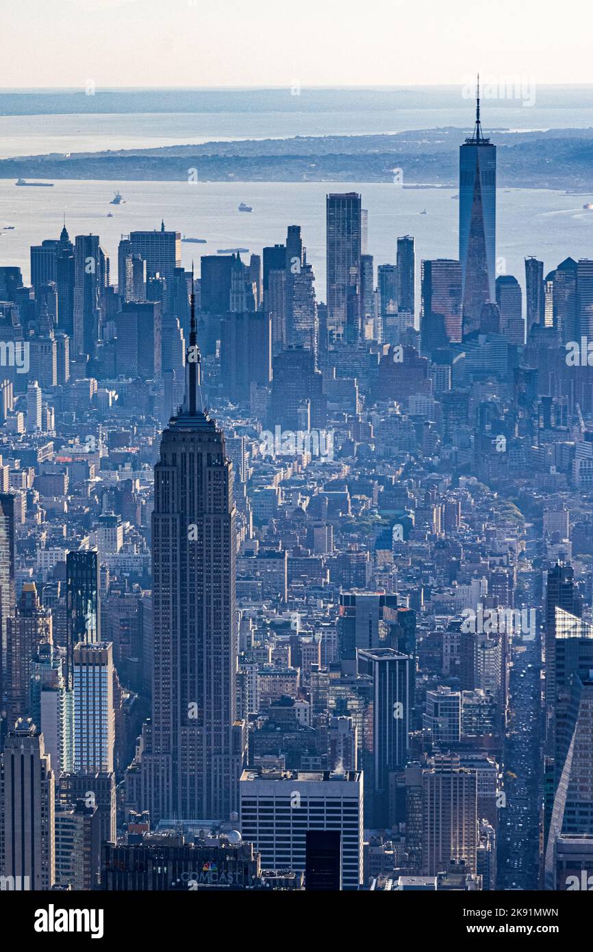 An aerial of the Empire State Building and One World Trade Center in ...