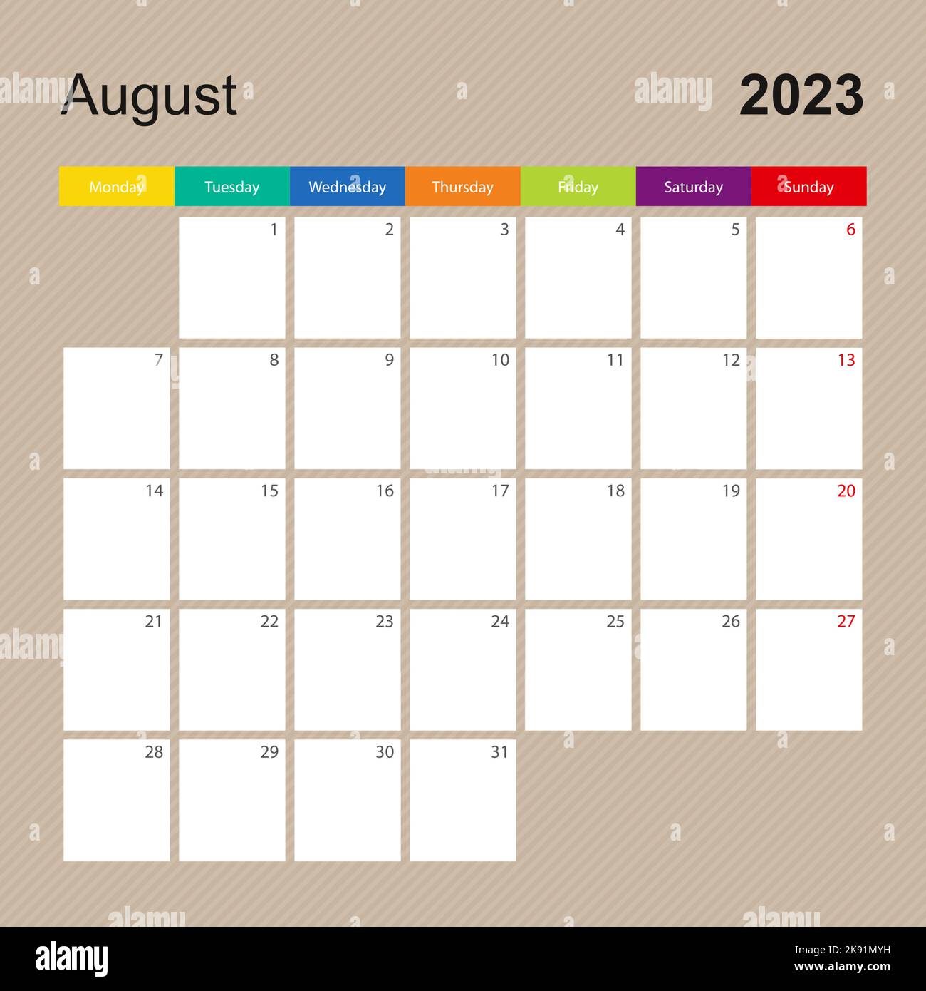 Calendar page for August 2023, wall planner with colorful design. Week ...