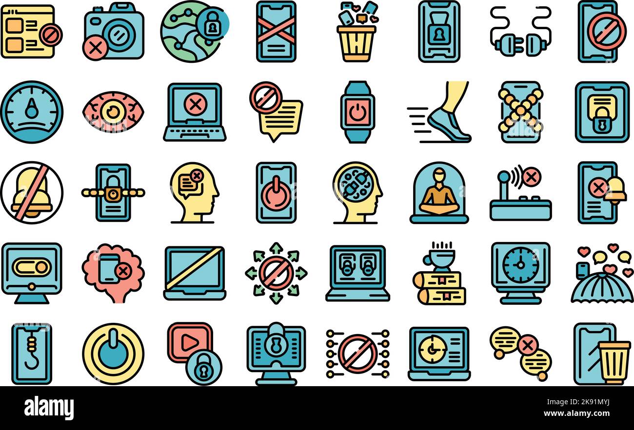 Digital detox icons set outline vector. Offline addiction. Habit ...