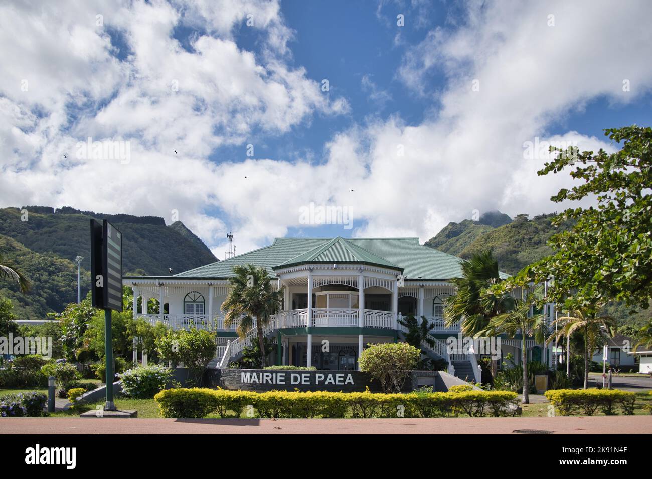 A scenic shot of a Colonial Style building at Mairie de Paea in Tahiti ...