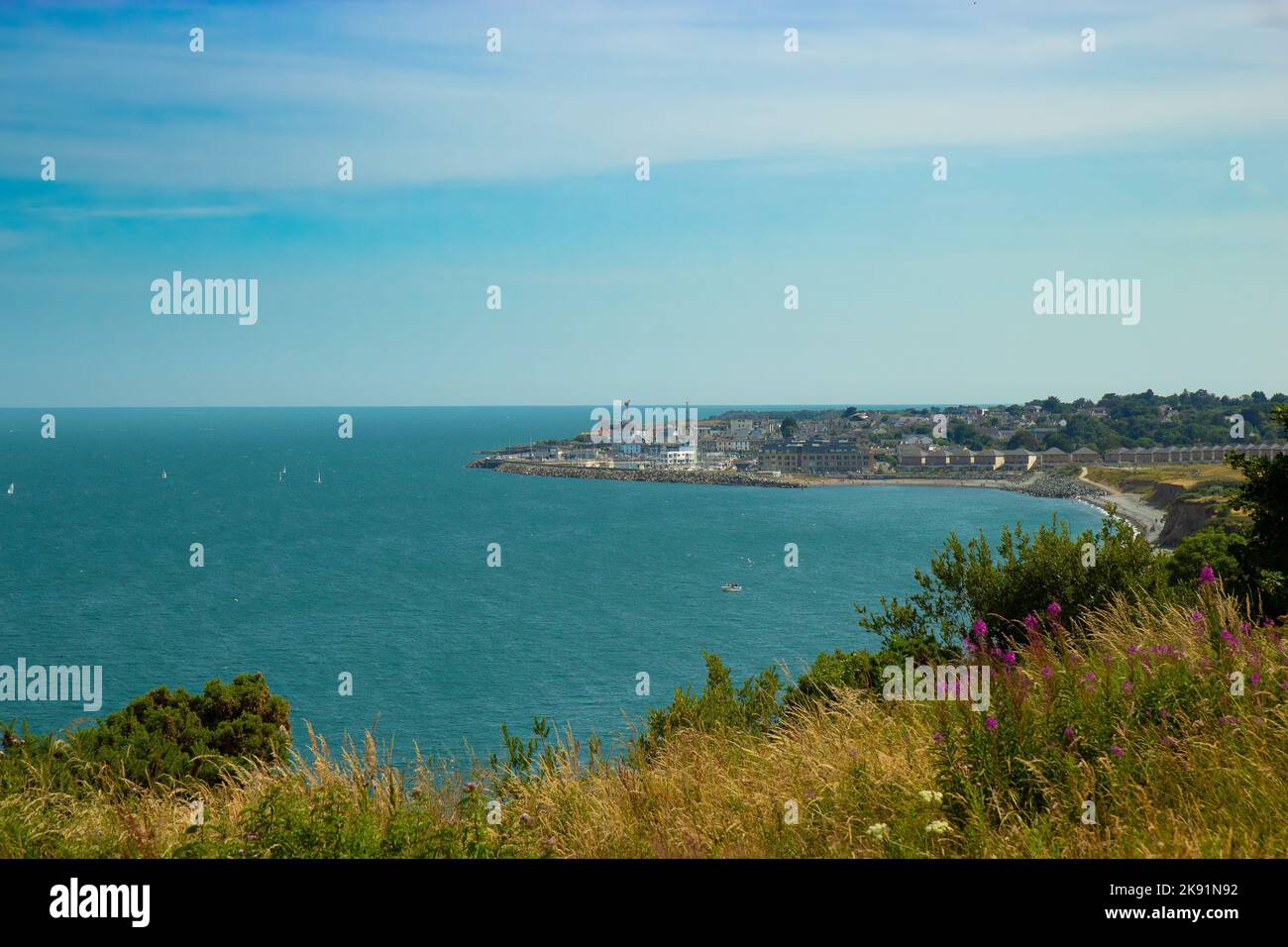 An aerial view of the shore near water between Bray and Greystones in ...