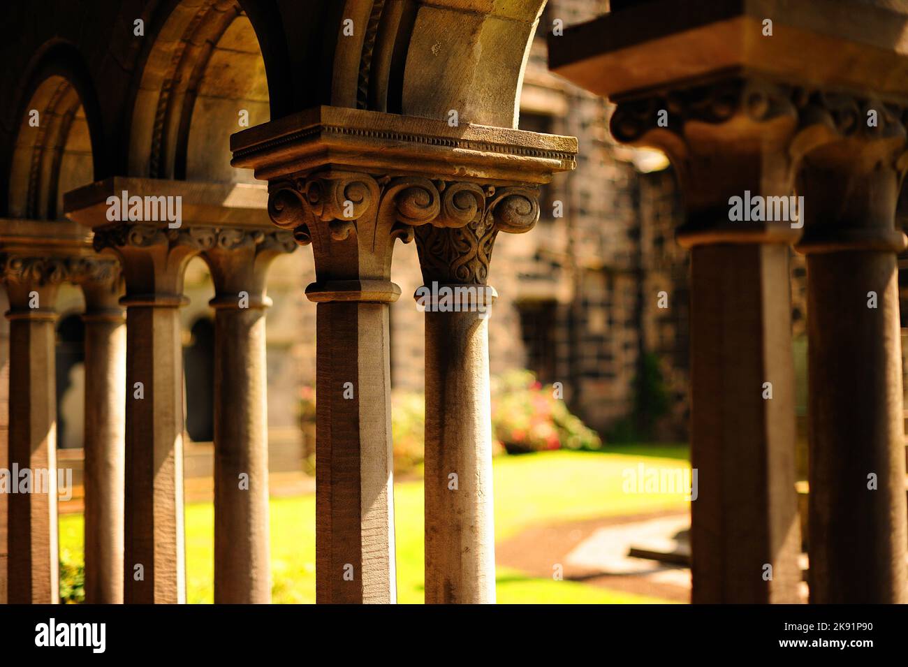 A scenic view of the beautiful pillars in the courtyard of the parish ...