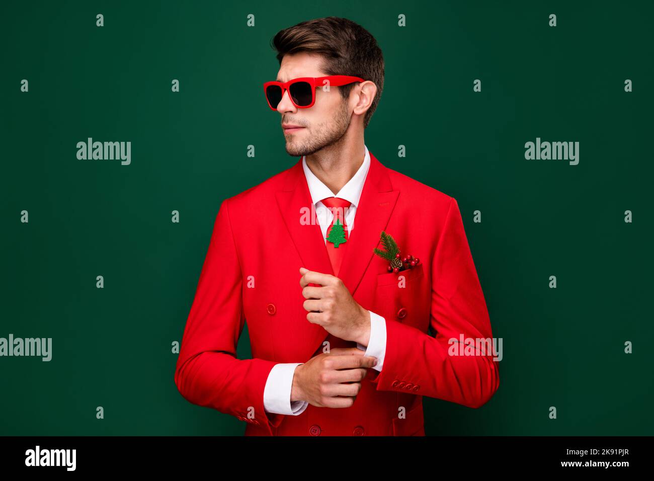 Portrait of attractive content fashionable guy dandy wearing classy ...