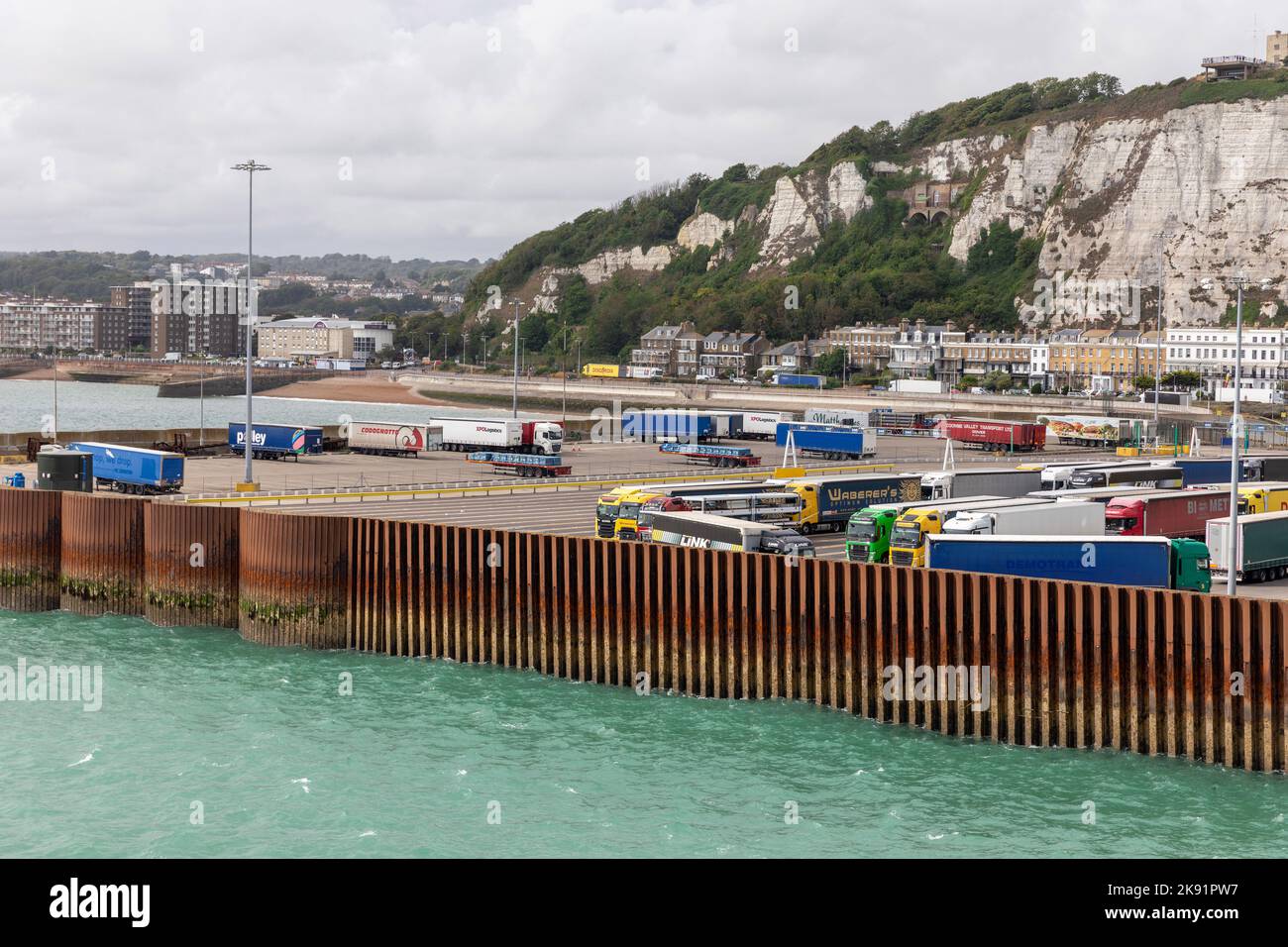 A distant view of parked lorries at the port of Dover, Kent on ...