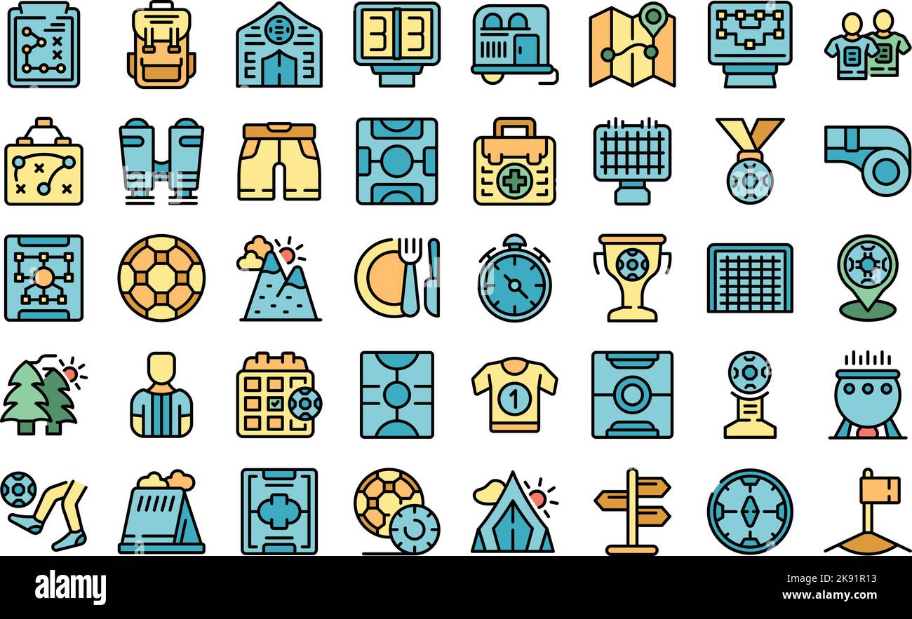 Soccer camp icons set outline vector. Kids coach. People camp color ...