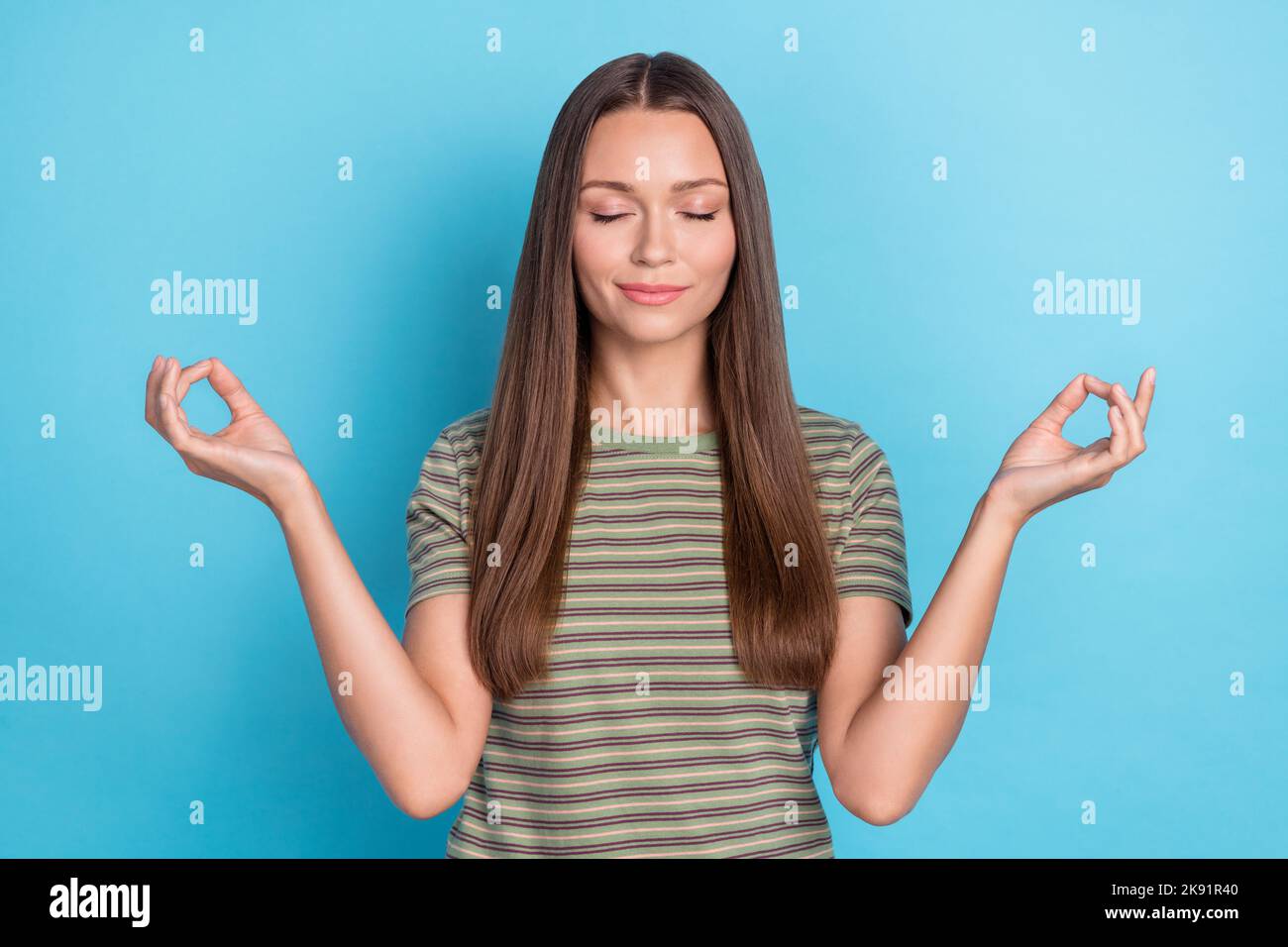 Portrait photo of young pretty gorgeous cute woman closed eyes fingers ...