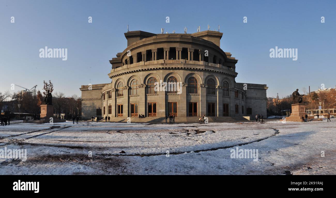 An Opera Theater in Yerevan Armenia surrounded by snow and blue sky ...
