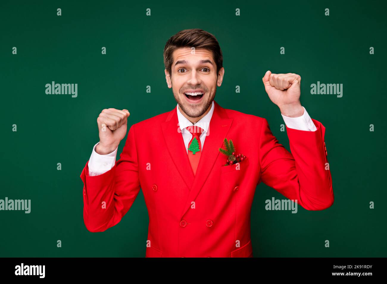 Photo of shocked lucky santa claus guy wear red suit open mouth rising ...