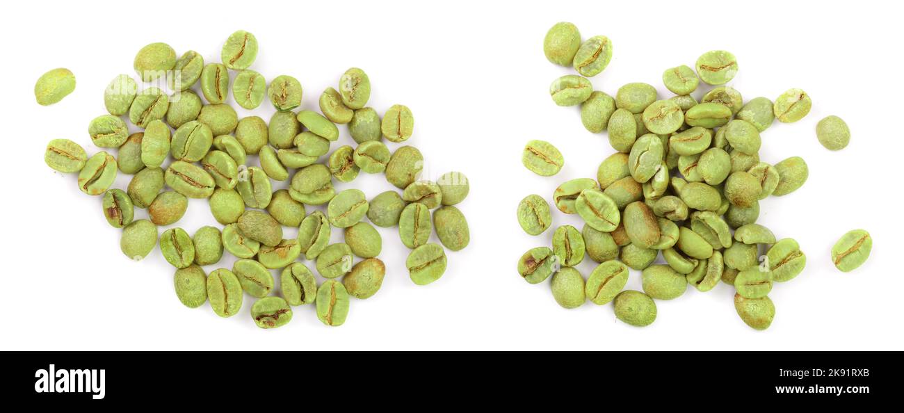 green coffee beans isolated on white background close up. Top view ...