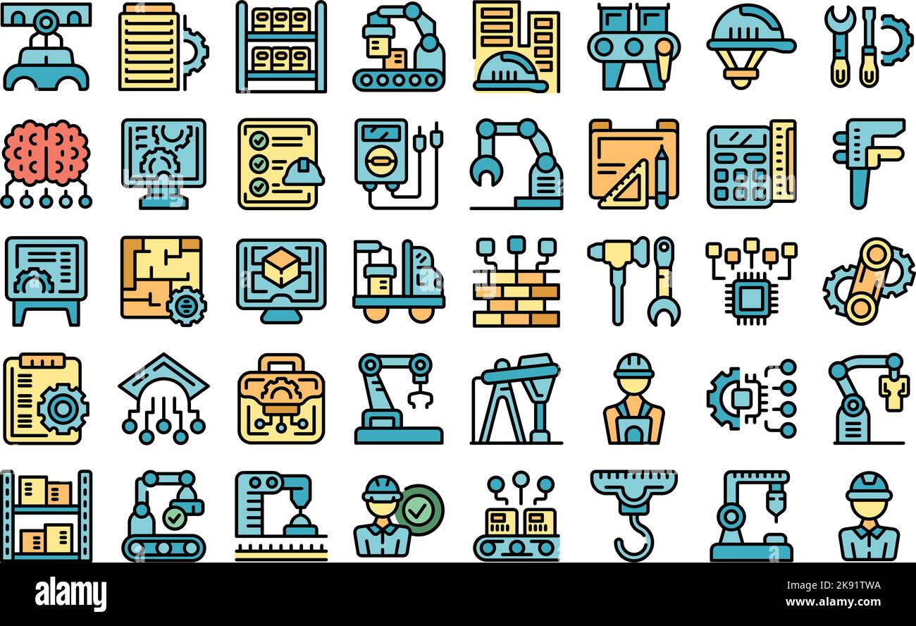 Engineer factory icons set outline vector. Machine work. Technical ...