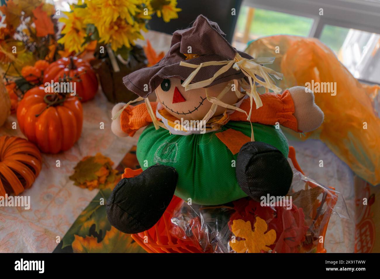 Stuffed scarecrow and various other fall and halloween decorations set ...