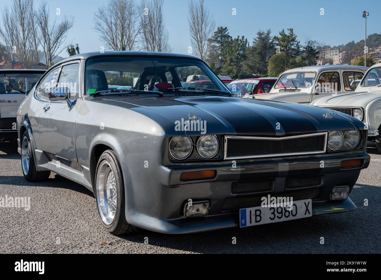 A gray Ford Capri racing car with two black stripes and a hood lock in ...