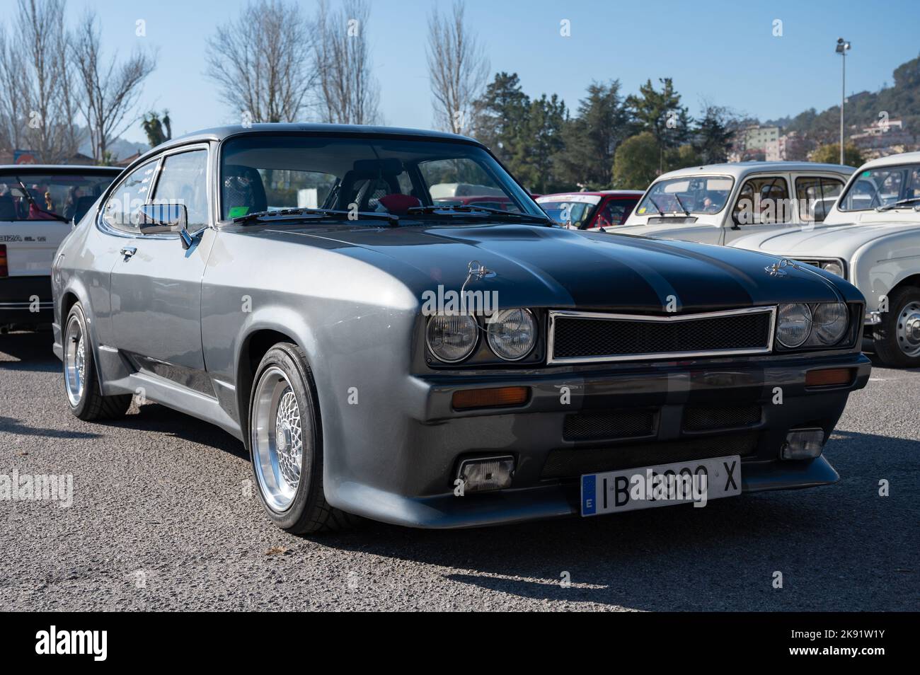 A gray Ford Capri racing car with two black stripes and a hood lock in ...