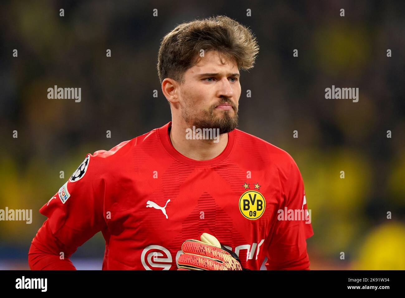 Borussia Dortmund’s Gregor Kobel looks on during the UEFA Champions ...
