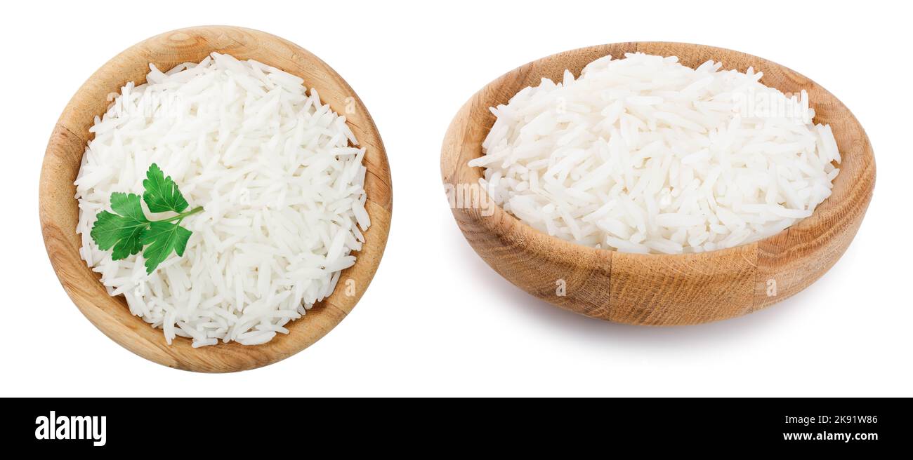 rice in a wooden bowl isolated on white background. Top view. Flat lay ...