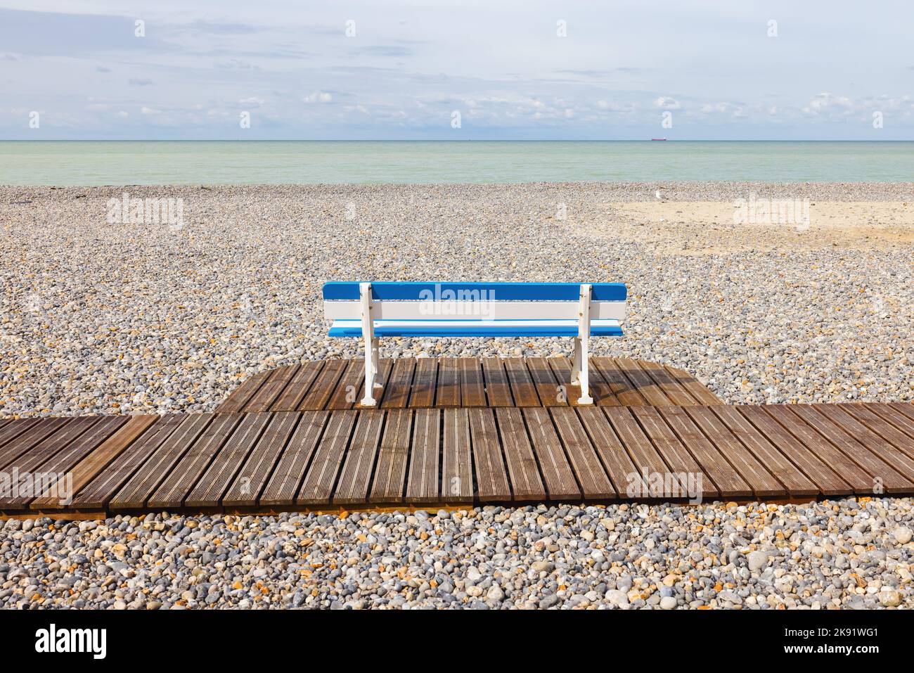 bench at the beach of Mers-Les-Bains, Seine-Maritime, France Stock ...