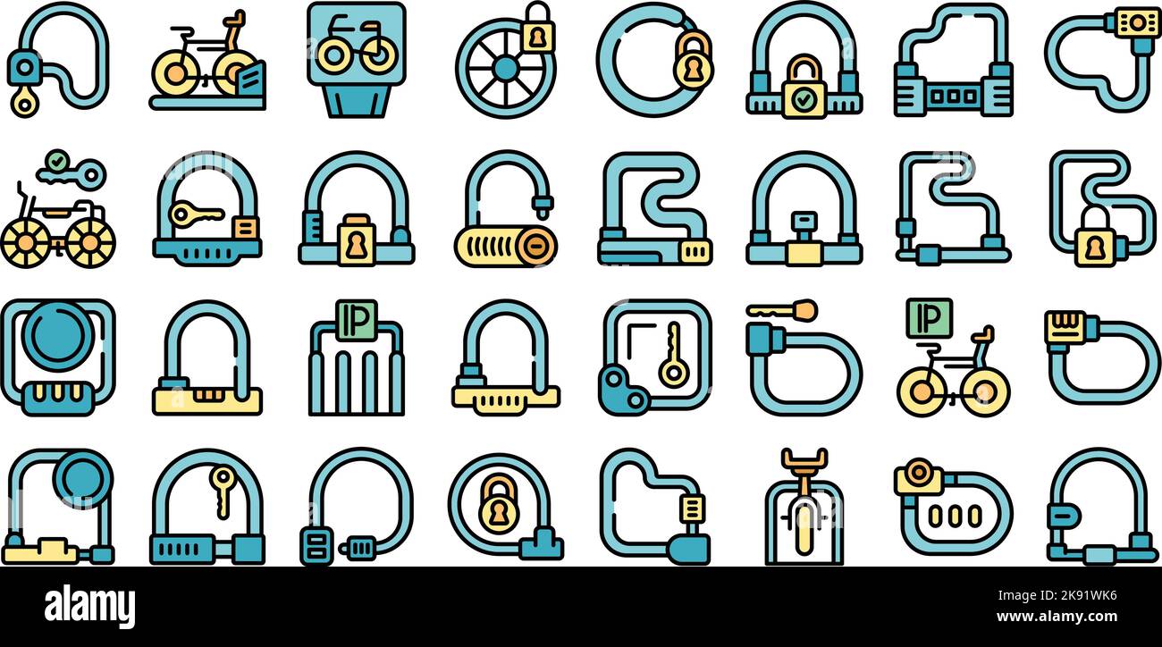 Cycling lock icons set outline vector. Smart bike. Lock bicycle color ...