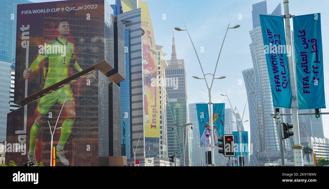 Doha, Qatar- October 10,2022 : Qatar city business towers decorated ...