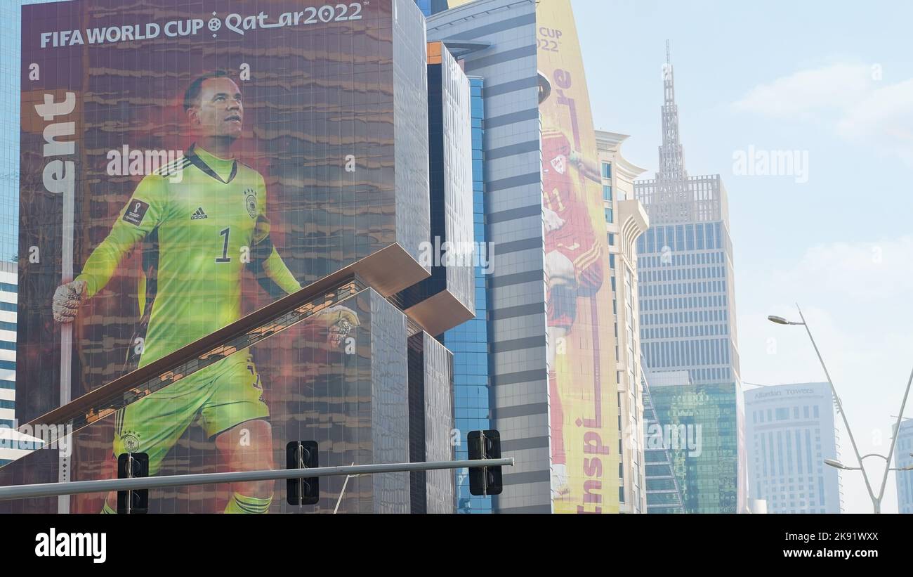 Doha, Qatar- October 10,2022 : Qatar city business towers decorated ...