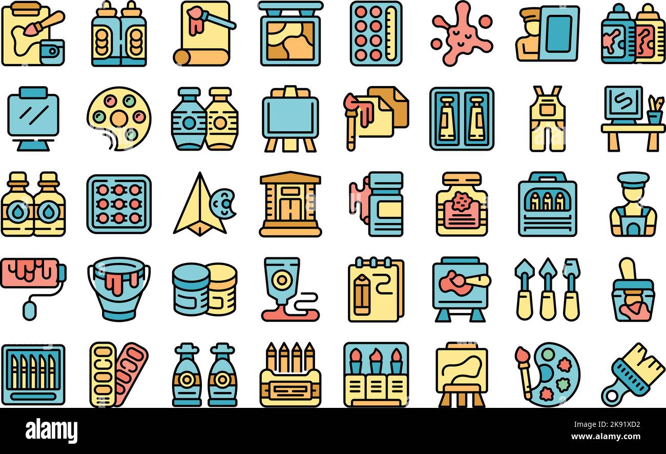 Painting studio icons set outline vector. Woman painter. Cloth artwork ...