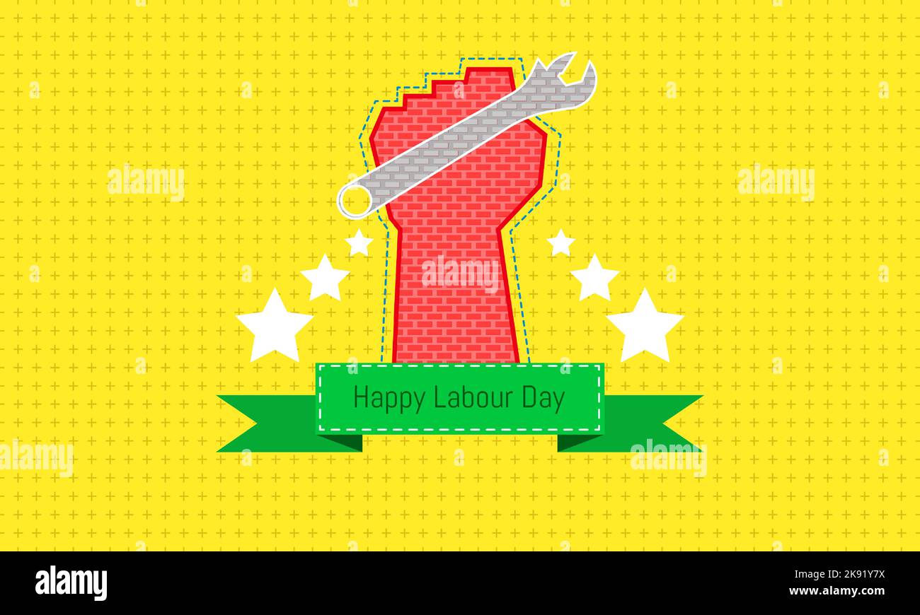 A vector of a hand showing up tools with happy labour day editable text ...