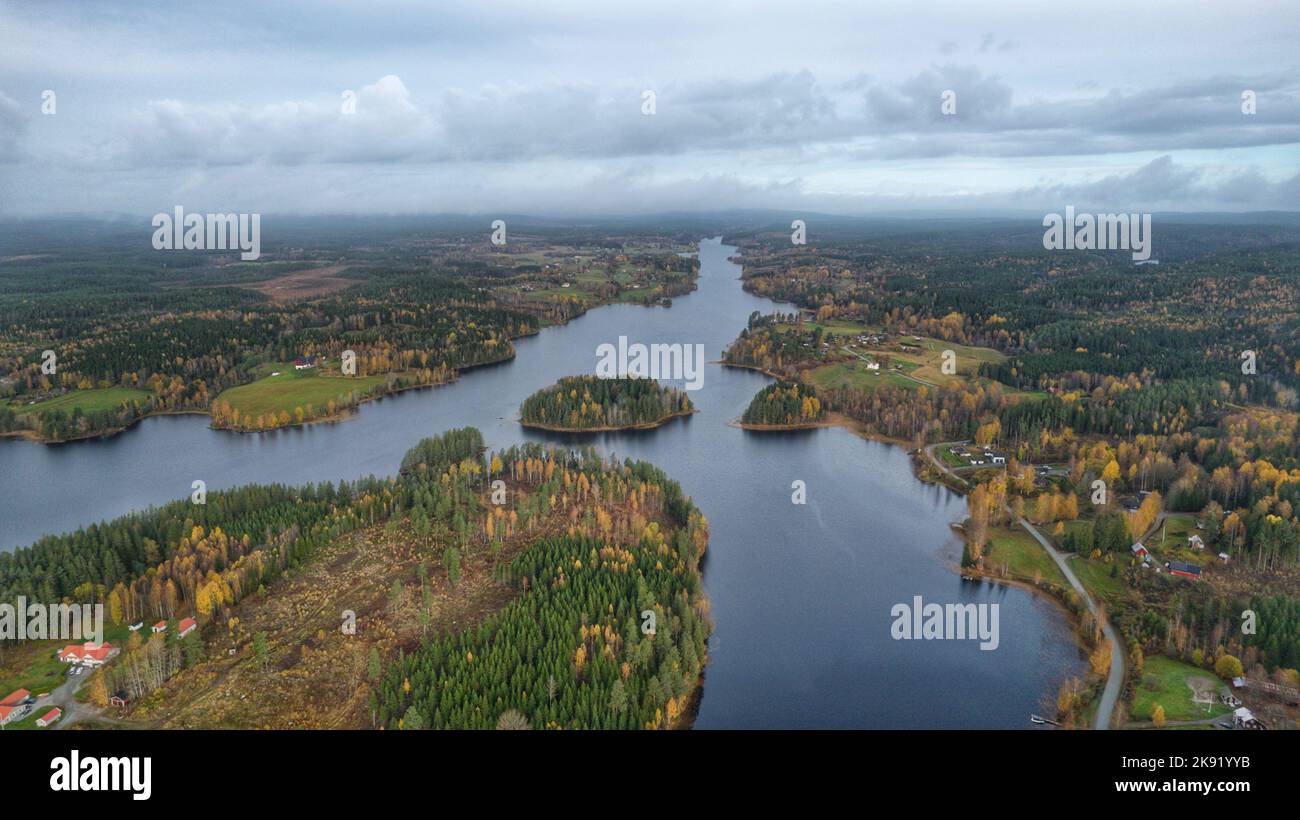 An aerial view of a beautiful riverside surrounded by forests and ...