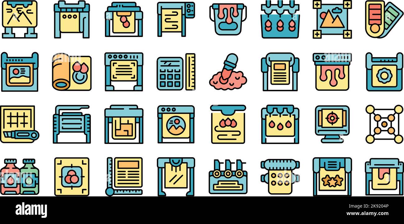 Plotter Icons Set Outline Vector Printer Machine Copy Offset Thin Line Color Flat On White