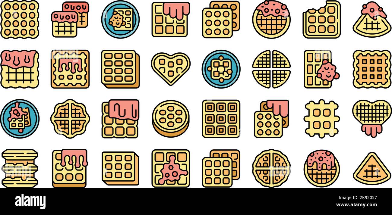 Belgian waffles icons set outline vector. Coffee cup. Belgium cream ...