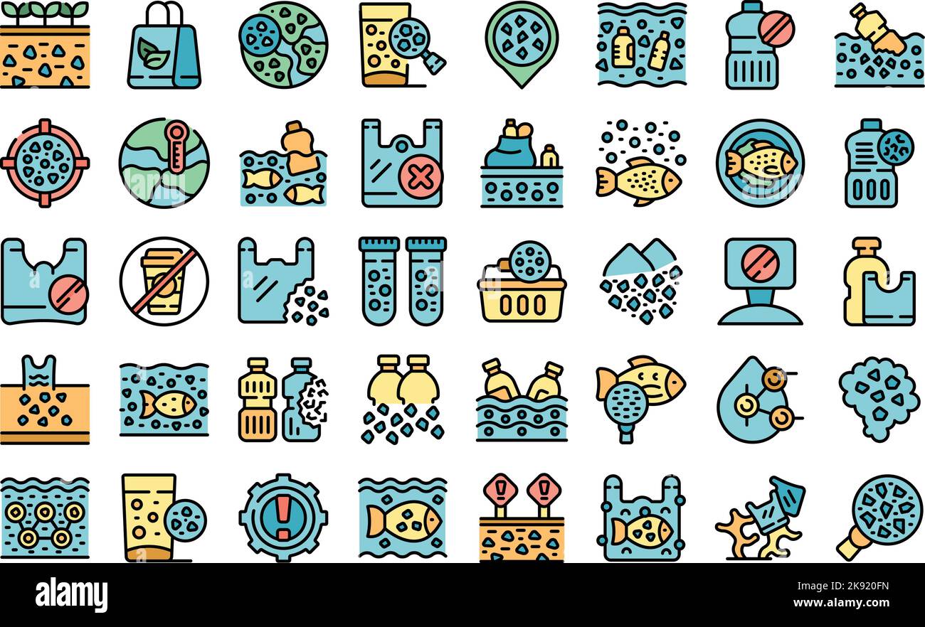Microplastics pollution icons set outline vector. Fish environment. Ocean plastic thin line ...