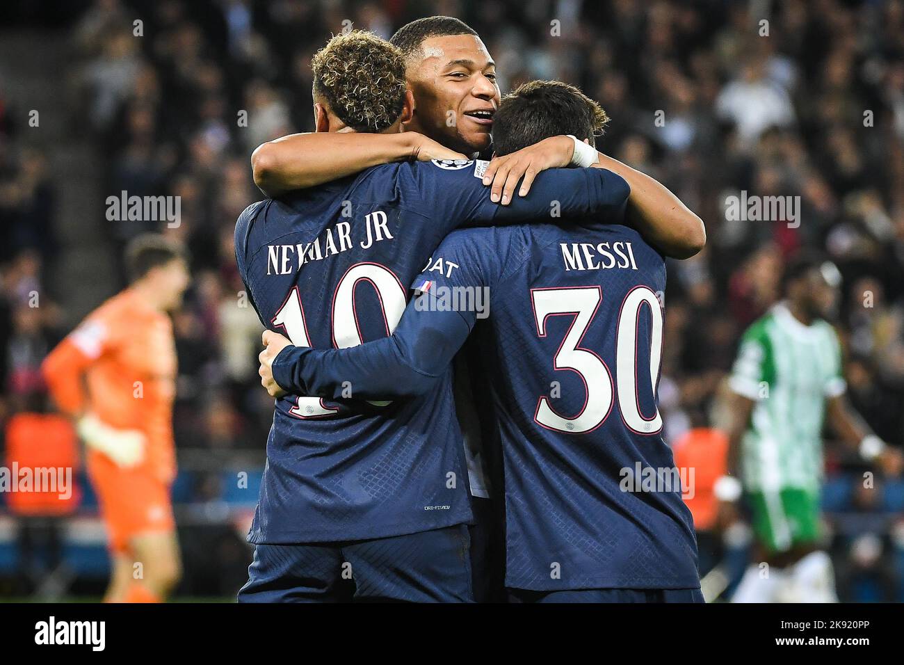 Paris, France - 25/10/2022, NEYMAR JR of PSG celebrate his goal with Kylian MBAPPE of PSG and ...
