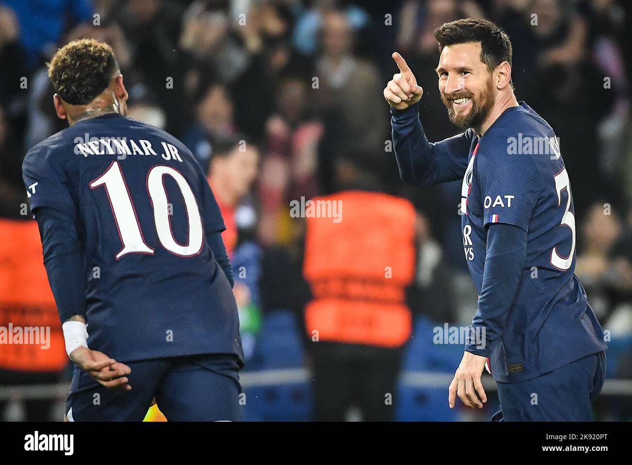 Paris, France - 25/10/2022, Lionel (Leo) MESSI of PSG celebrate his goal with NEYMAR JR of PSG ...