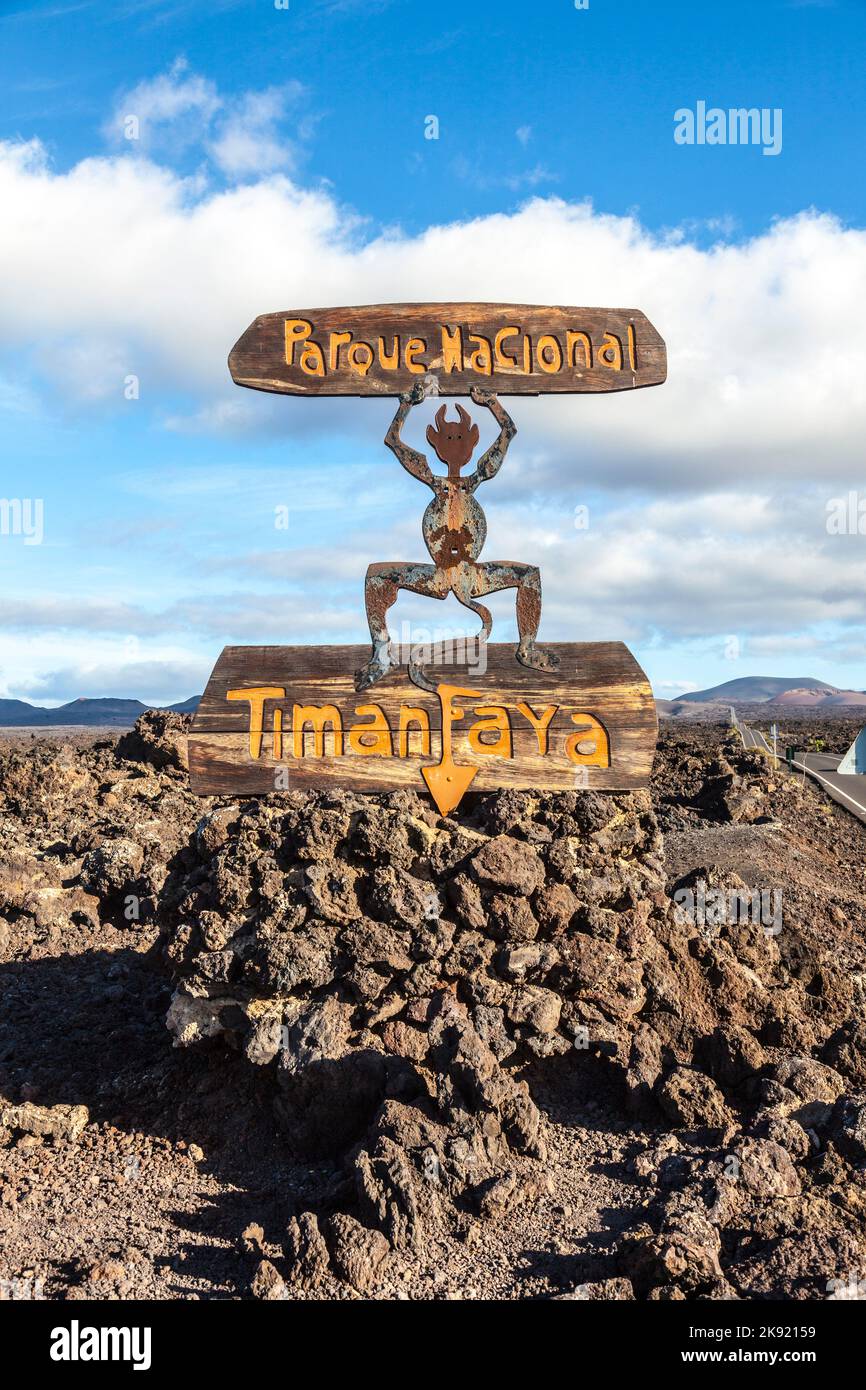 Yaiza, Spain - January 1, 2011: Devil sign by entrance Timanfaya ...