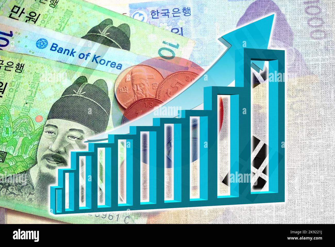 Economy Graph: Up Arrow, South Korean Flag, and Cash South Korean Won ...