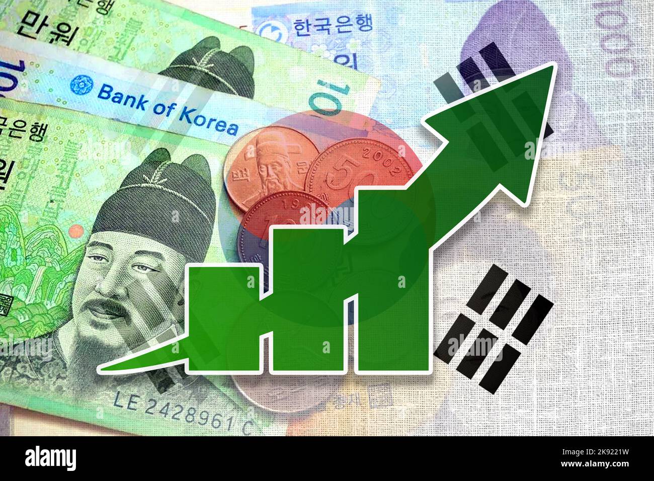 Economy Graph: Up Arrow, South Korean Flag, and Cash South Korean Won ...
