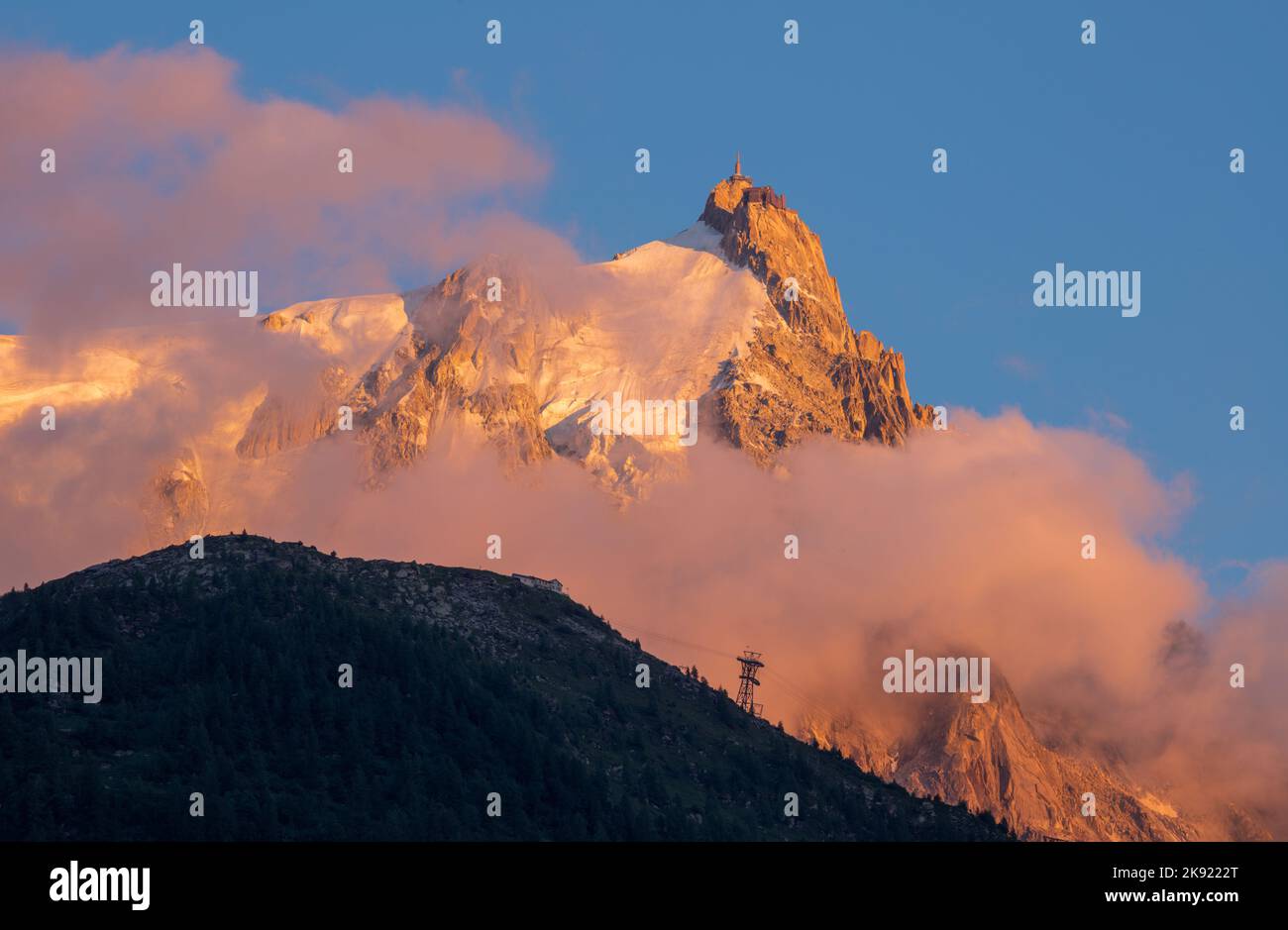 The peak Aiguille du Midi sunset light - Chamonix Stock Photo - Alamy