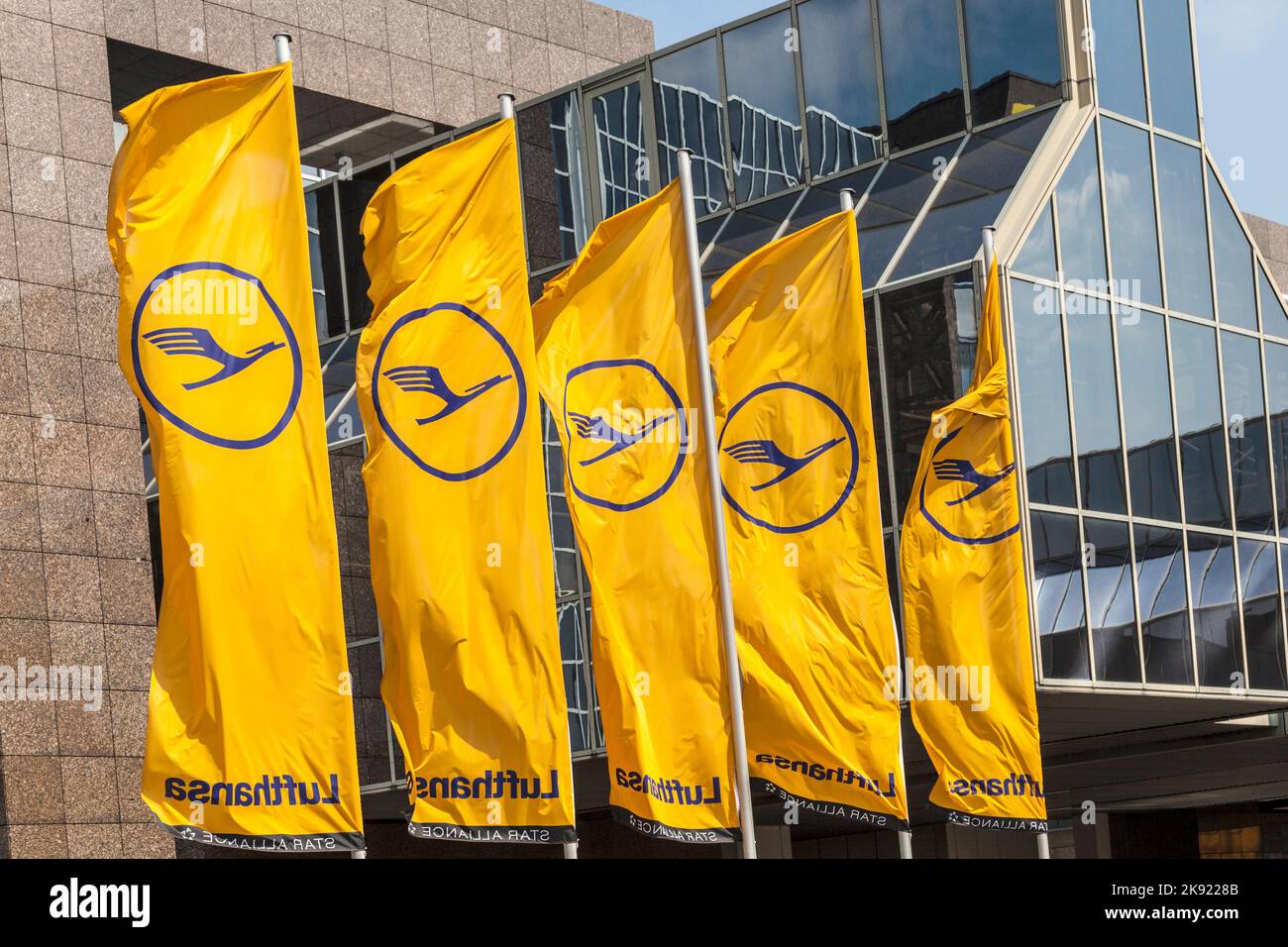 Frankfurt, Germany - May 13, 2016: Lufthansa flag with Lufthansa symbol ...