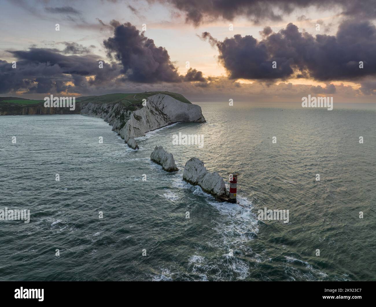 Aerial view of the Needles lighthouse of Isle of WIght, UK Stock Photo ...
