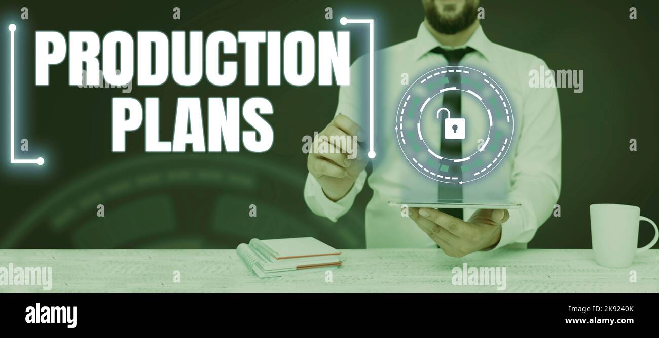 Hand writing sign Production Plans. Word for series of steps that need ...