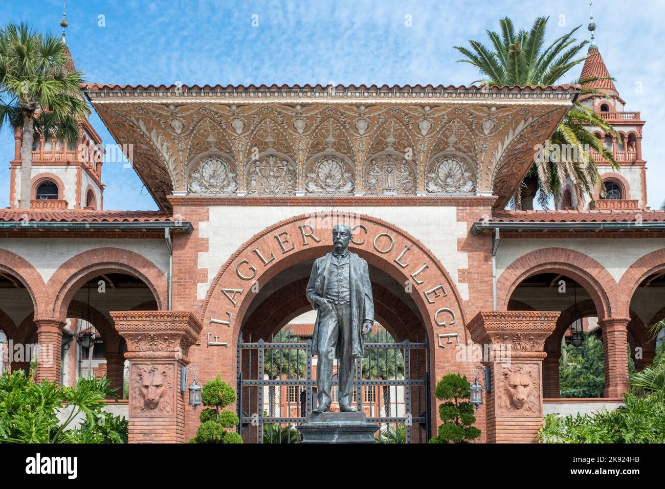 Entrance gate to Flagler college with statue of Henry Flagler Stock ...