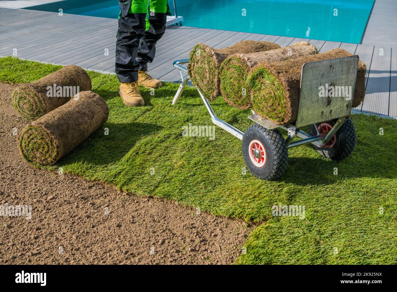 Natural Grass Rolls Loaded on Hand Truck. Tired Gardener Standing ...