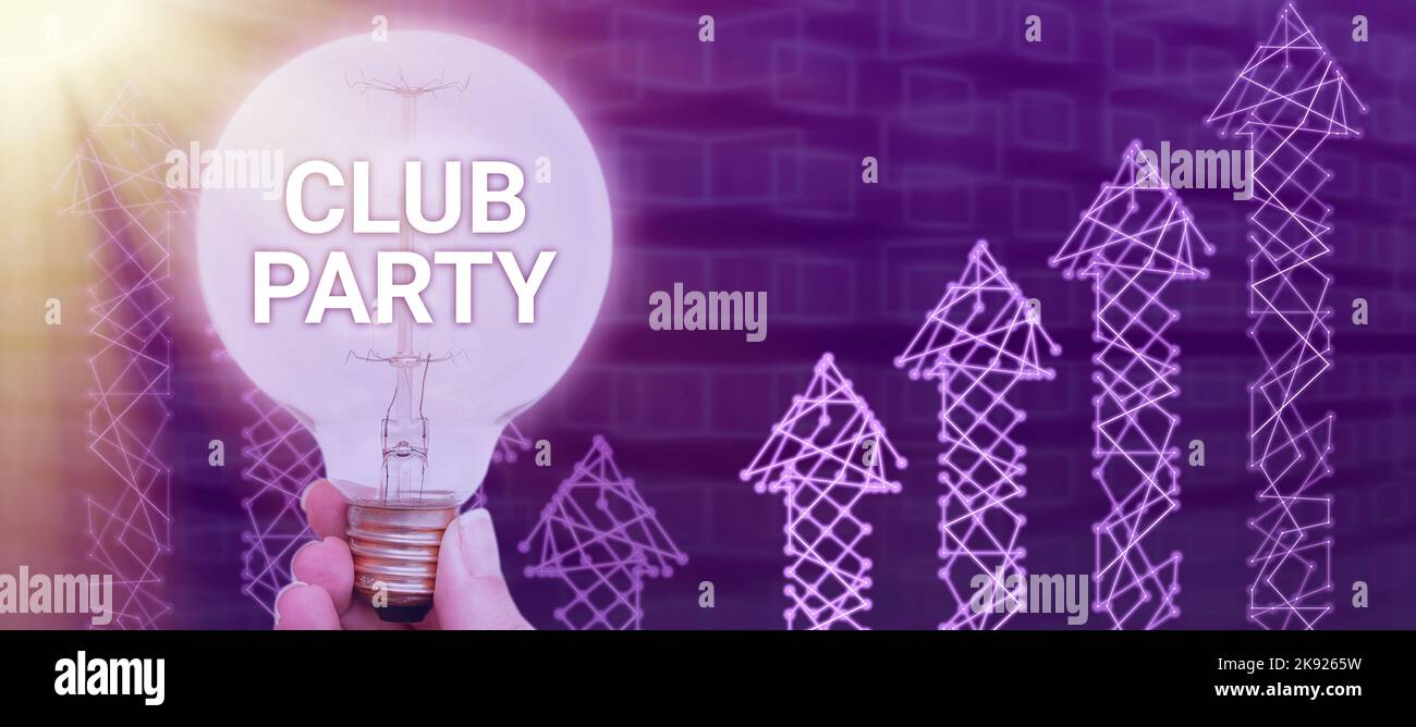 Hand writing sign Club Party. Concept meaning social gathering in a ...