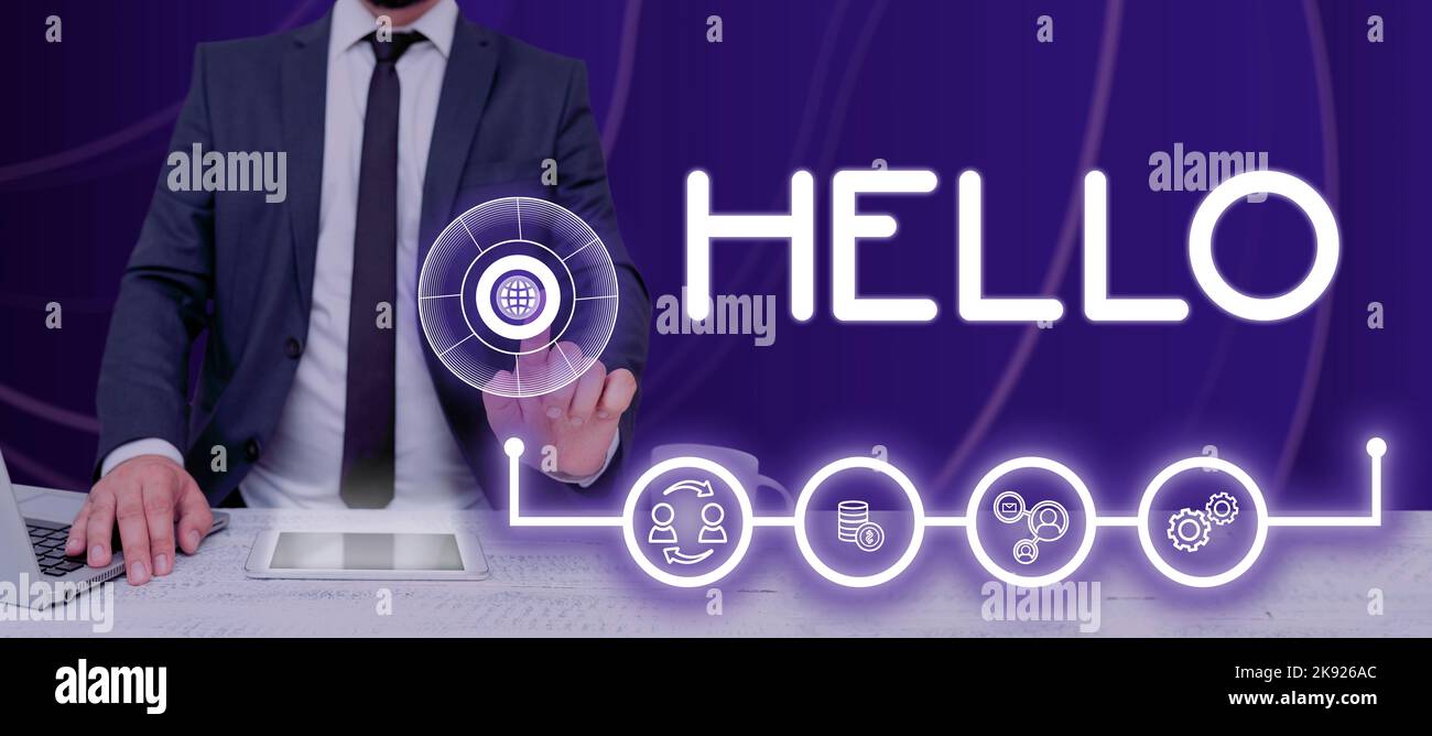 Text caption presenting Hello. Business approach alteration of hallo ...