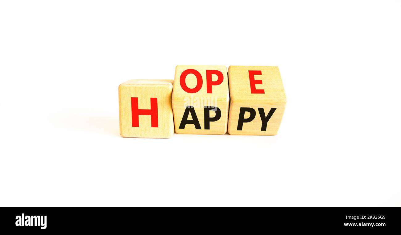 Hope and happy symbol. Concept words Hope and Happy on wooden cubes ...