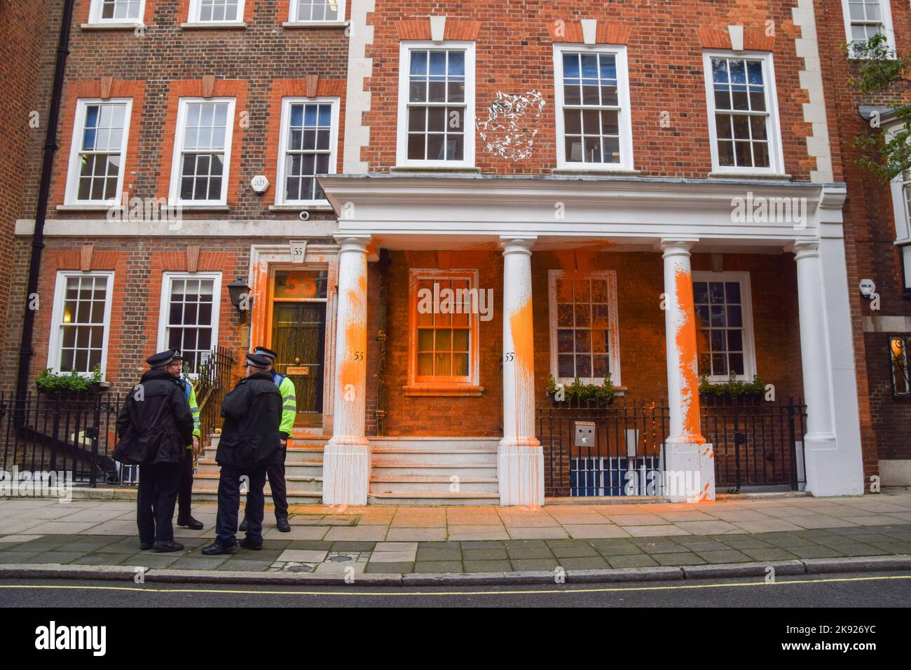 London, England, UK. 25th Oct, 2022. 55 Tufton Street covered in orange ...