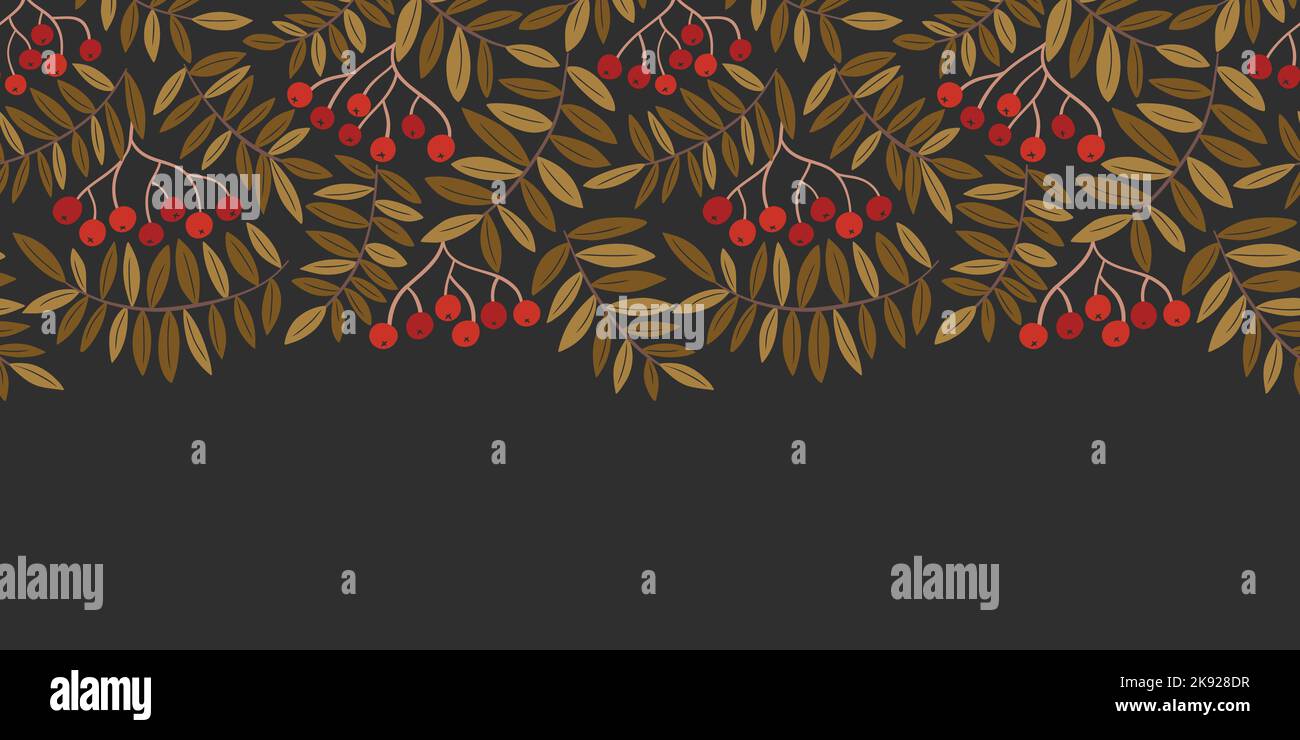 Colorful Fall Linocut Rowan Tree Foliage and Berries Vector Seamless ...