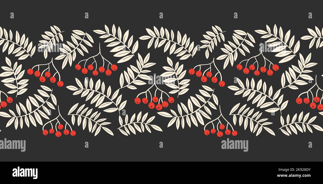 Christmas Monochrome Linocut Rowan Tree Foliage and Berries Vector ...
