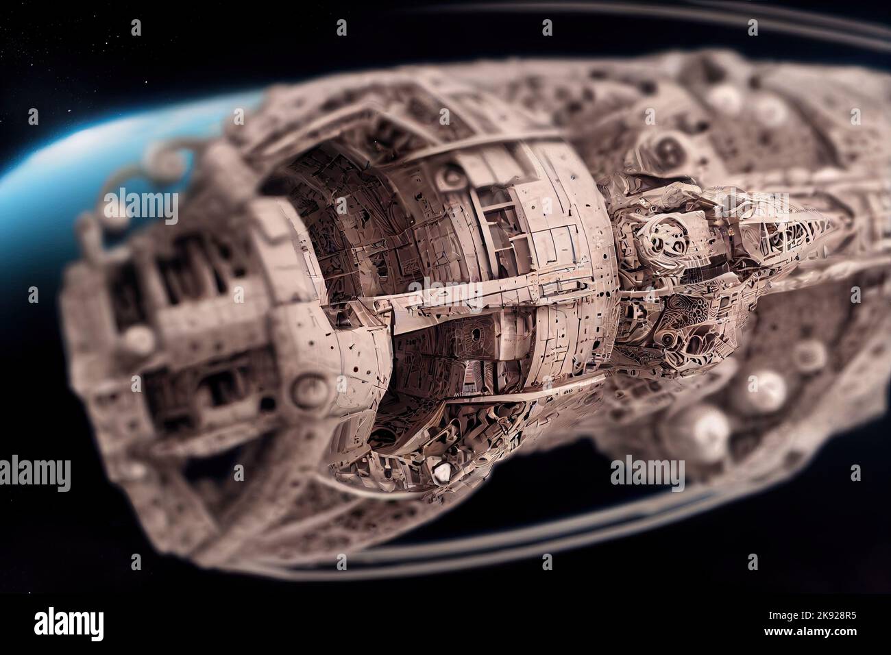 A nuclear-powered Spaceship traveling in space at hyper-speed. 3D ...