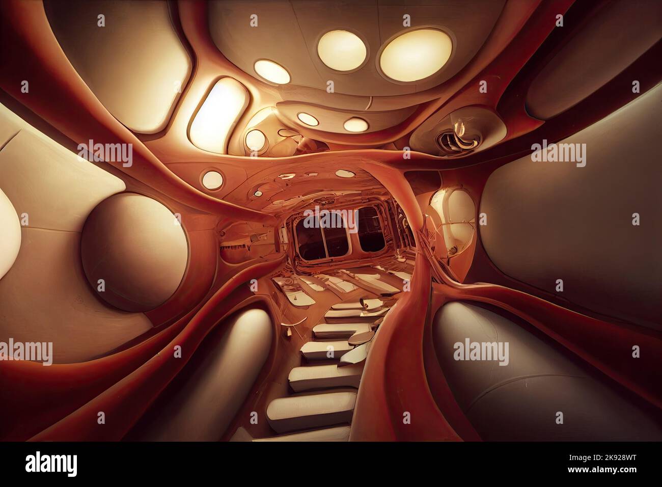 An alien spaceship's interior is filled with sci-fi machines, portholes ...
